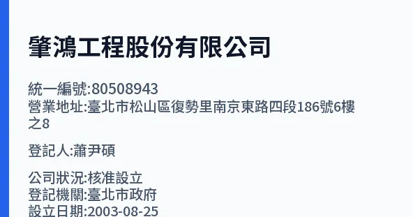 肇鴻工程股份有限公司的照片-統編 80508943(臺北市) 公司登記資料與營業項目詳細圖表