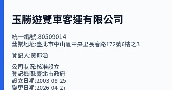 玉勝遊覽車客運有限公司的照片-統編 80509014(臺北市) 公司登記資料與營業項目詳細圖表