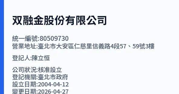 双融金股份有限公司的照片-統編 80509730(臺北市) 公司登記資料與營業項目詳細圖表
