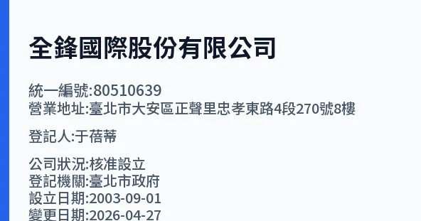 全鋒國際股份有限公司的照片-統編 80510639(臺北市) 公司登記資料與營業項目詳細圖表