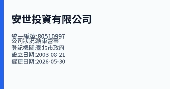 安世投資有限公司的照片-統編 80510997 公司登記資料與營業項目詳細圖表