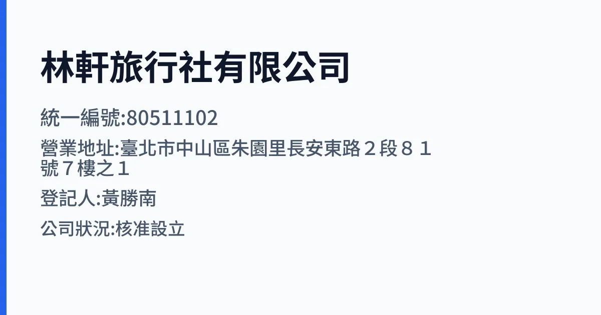 林軒旅行社有限公司 - 統編 80511102(臺北市) 公司登記資料與營業項目詳細圖表