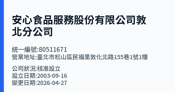 安心食品服務股份有限公司敦北分公司的照片-統編 80511671(臺北市) 公司登記資料與營業項目詳細圖表