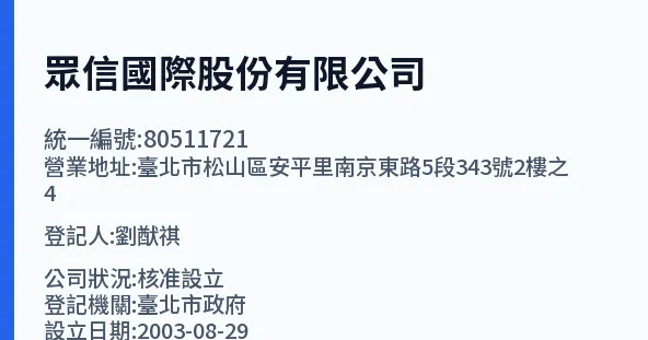 眾信國際股份有限公司的照片-統編 80511721(臺北市) 公司登記資料與營業項目詳細圖表