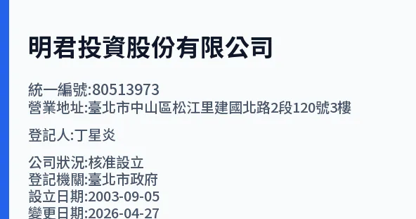 明君投資股份有限公司的照片-統編 80513973(臺北市) 公司登記資料與營業項目詳細圖表
