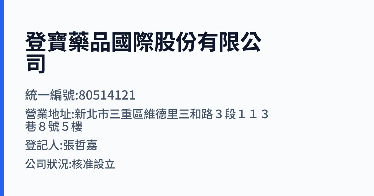 登寶藥品國際股份有限公司 - 統編 80514121(新北市) 公司登記資料與營業項目詳細圖表