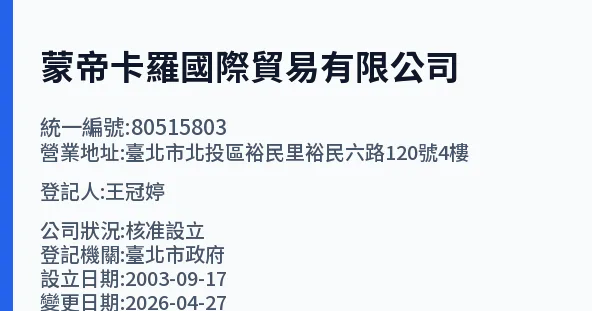 蒙帝卡羅國際貿易有限公司的照片-統編 80515803(臺北市) 公司登記資料與營業項目詳細圖表