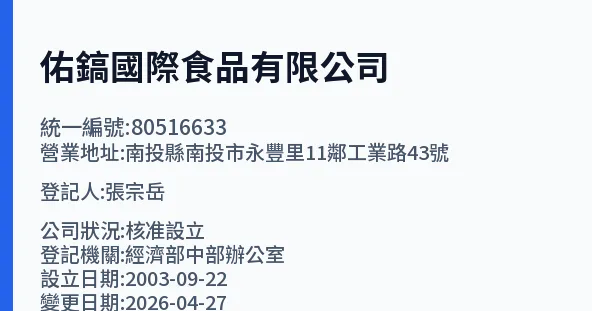 佑鎬國際食品有限公司的照片-統編 80516633(南投縣) 公司登記資料與營業項目詳細圖表