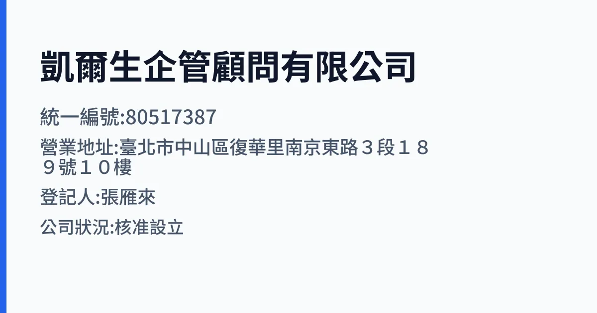 凱爾生企管顧問有限公司 - 統編 80517387(臺北市) 公司登記資料與營業項目詳細圖表