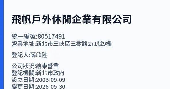 飛帆戶外休閒企業有限公司的照片-統編 80517491(新北市) 公司登記資料與營業項目詳細圖表
