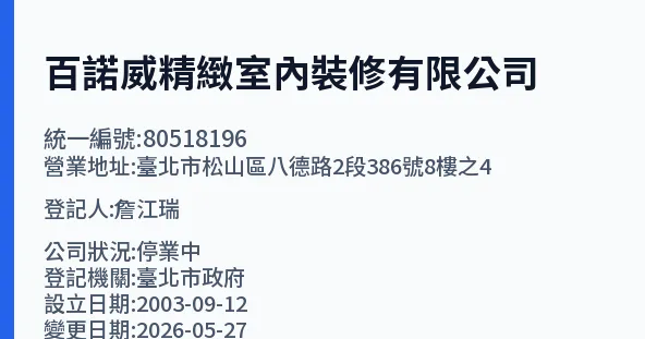 百諾威精緻室內裝修有限公司的照片-統編 80518196(臺北市) 公司登記資料與營業項目詳細圖表