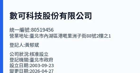 數可科技股份有限公司的照片-統編 80519456(臺北市) 公司登記資料與營業項目詳細圖表