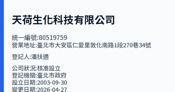 天荷生化科技有限公司的照片-統編 80519759(臺北市) 公司登記資料與營業項目詳細圖表