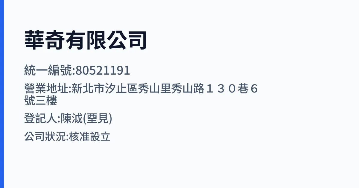 華奇有限公司 - 統編 80521191(新北市) 公司登記資料與營業項目詳細圖表