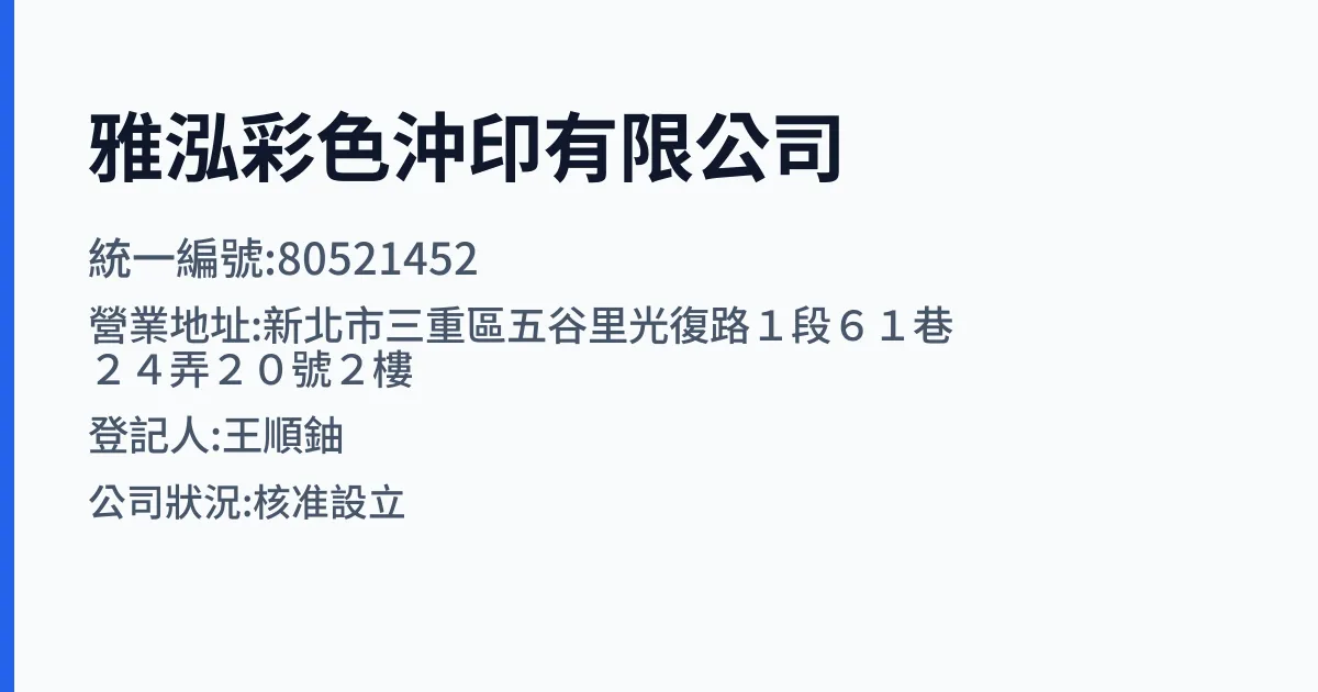雅泓彩色沖印有限公司 - 統編 80521452(新北市) 公司登記資料與營業項目詳細圖表
