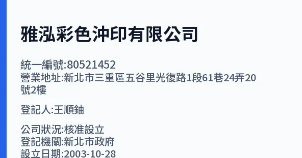 雅泓彩色沖印有限公司的照片-統編 80521452(新北市) 公司登記資料與營業項目詳細圖表