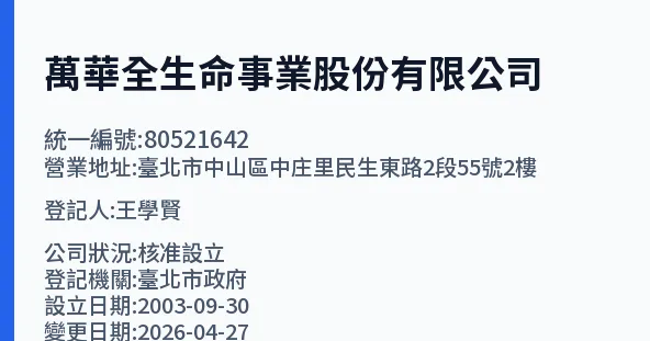 萬華全生命事業股份有限公司的照片-統編 80521642(臺北市) 公司登記資料與營業項目詳細圖表
