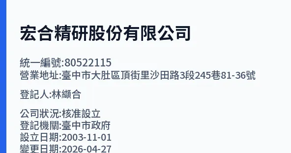 宏合精研股份有限公司的照片-統編 80522115(臺中市) 公司登記資料與營業項目詳細圖表
