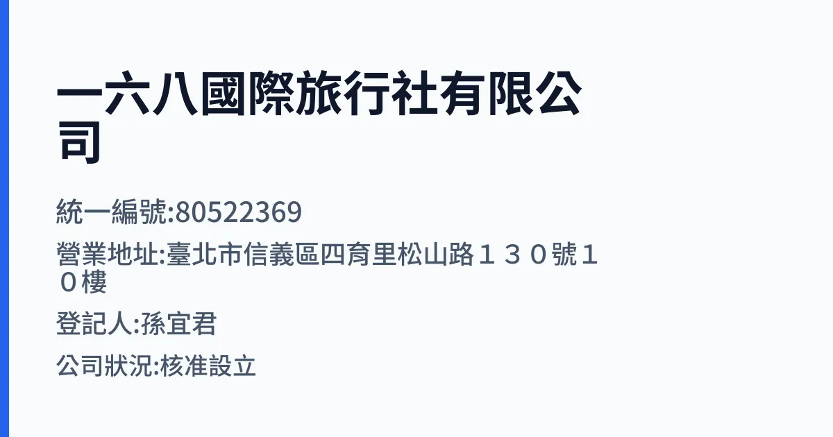 一六八國際旅行社有限公司 - 統編 80522369(臺北市) 公司登記資料與營業項目詳細圖表