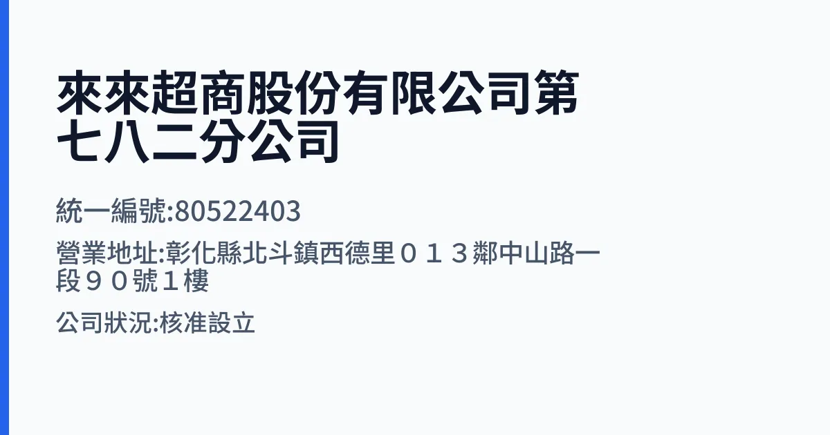 來來超商股份有限公司第七八二分公司 - 統編 80522403(彰化縣) 公司登記資料與營業項目詳細圖表