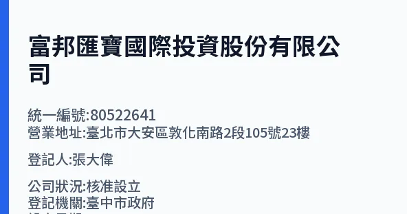 富邦匯寶國際投資股份有限公司的照片-統編 80522641(臺北市) 公司登記資料與營業項目詳細圖表