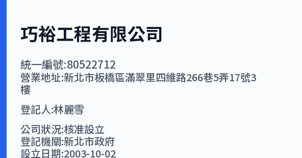 巧裕工程有限公司的照片-統編 80522712(新北市) 公司登記資料與營業項目詳細圖表