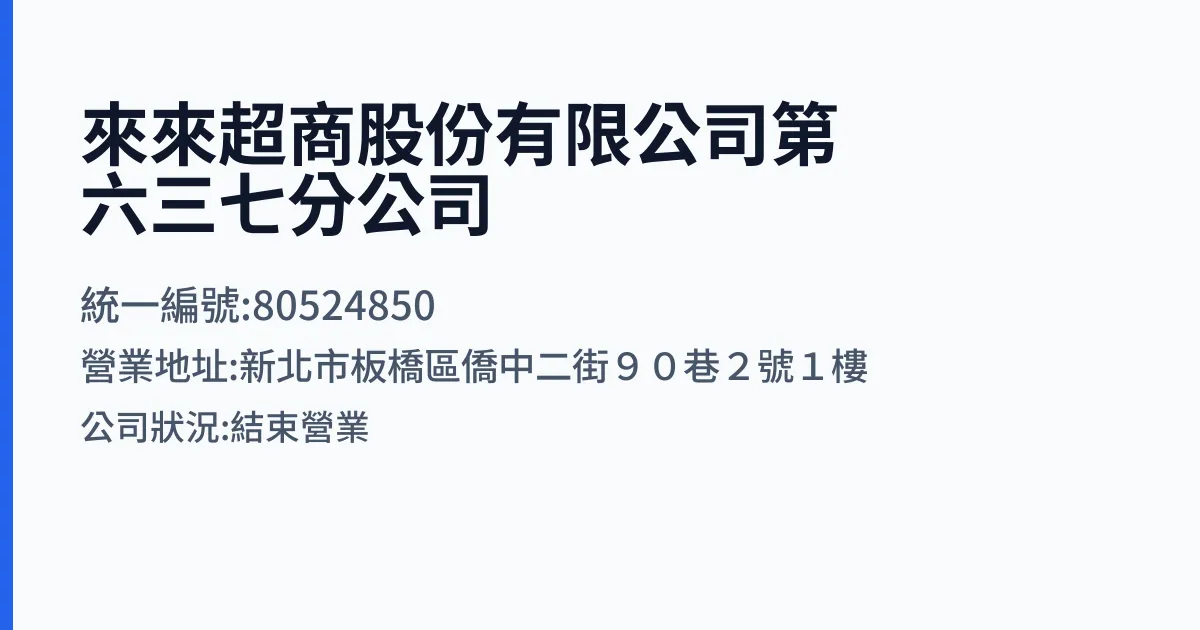 來來超商股份有限公司第六三七分公司 - 統編 80524850(新北市) 公司登記資料與營業項目詳細圖表