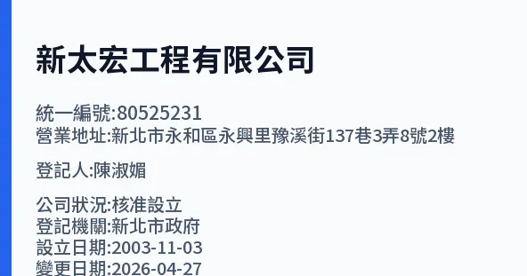 新太宏工程有限公司的照片-統編 80525231(新北市) 公司登記資料與營業項目詳細圖表