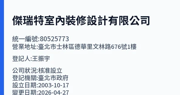 傑瑞特室內裝修設計有限公司的照片-統編 80525773(臺北市) 公司登記資料與營業項目詳細圖表