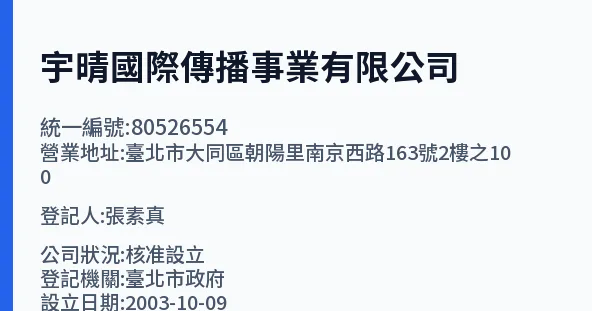 宇晴國際傳播事業有限公司的照片-統編 80526554(臺北市) 公司登記資料與營業項目詳細圖表