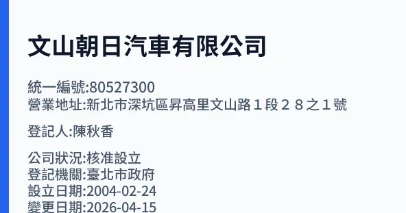文山朝日汽車有限公司的照片-統編 80527300(臺北市) 公司登記資料與營業項目詳細圖表