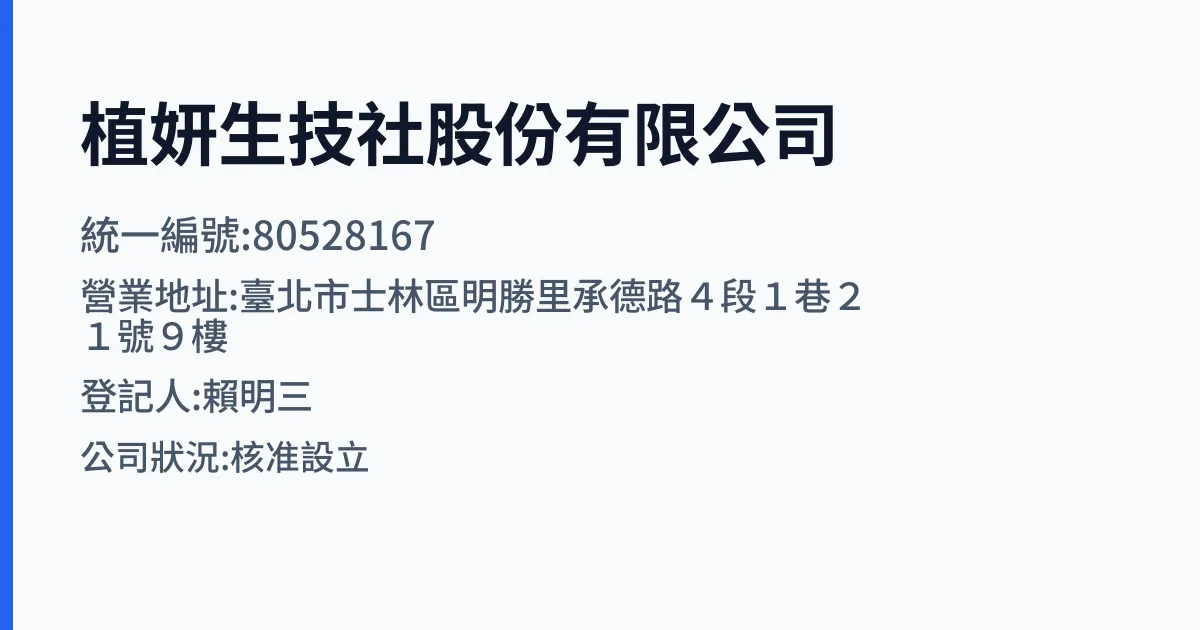 植妍生技社股份有限公司 - 統編 80528167(臺北市) 公司登記資料與營業項目詳細圖表