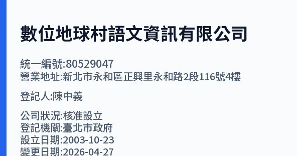 數位地球村語文資訊有限公司的照片-統編 80529047(新北市) 公司登記資料與營業項目詳細圖表
