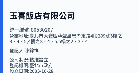 玉喜飯店有限公司的照片-統編 80530207(臺北市) 公司登記資料與營業項目詳細圖表