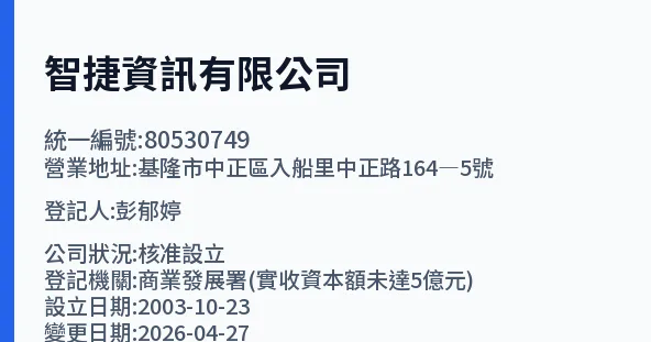 智捷資訊有限公司的照片-統編 80530749(基隆市) 公司登記資料與營業項目詳細圖表