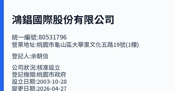 鴻錩國際股份有限公司的照片-統編 80531796(桃園市) 公司登記資料與營業項目詳細圖表