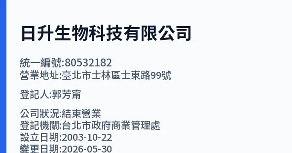 日升生物科技有限公司的照片-統編 80532182(臺北市) 公司登記資料與營業項目詳細圖表