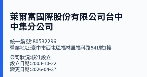 萊爾富國際股份有限公司台中中集分公司的照片-統編 80532296(臺中市) 公司登記資料與營業項目詳細圖表