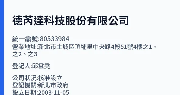 德芮達科技股份有限公司的照片-統編 80533984(新北市) 公司登記資料與營業項目詳細圖表
