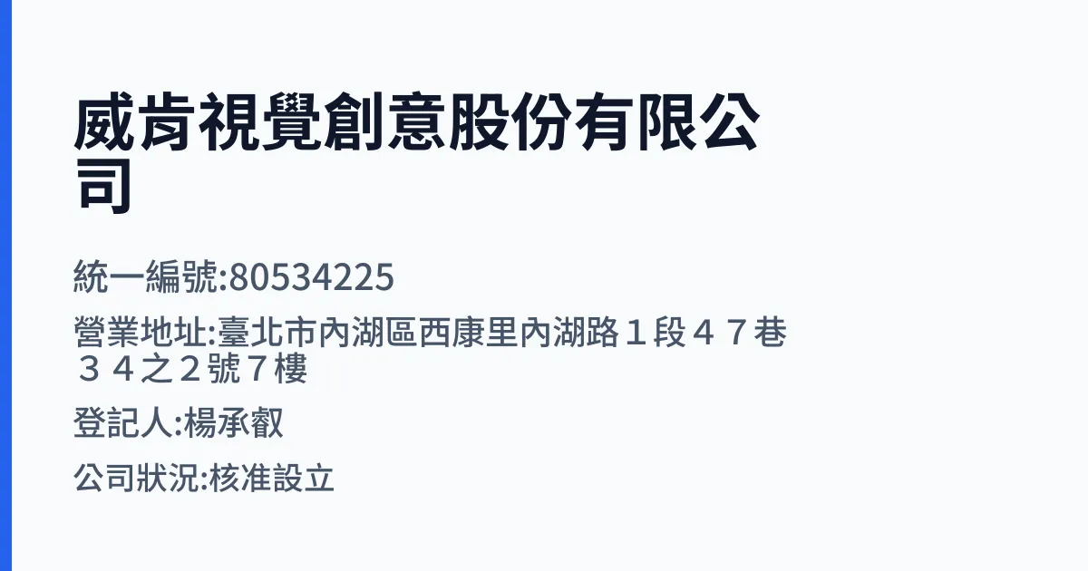 威肯視覺創意股份有限公司 - 統編 80534225(臺北市) 公司登記資料與營業項目詳細圖表