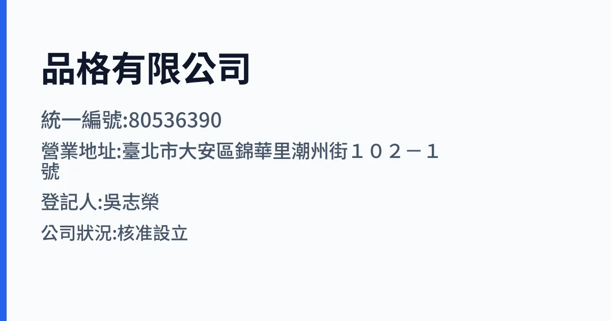 品格有限公司 - 統編 80536390(臺北市) 公司登記資料與營業項目詳細圖表