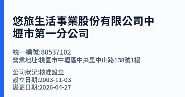 悠旅生活事業股份有限公司中壢市第一分公司的照片-統編 80537102(桃園市) 公司登記資料與營業項目詳細圖表