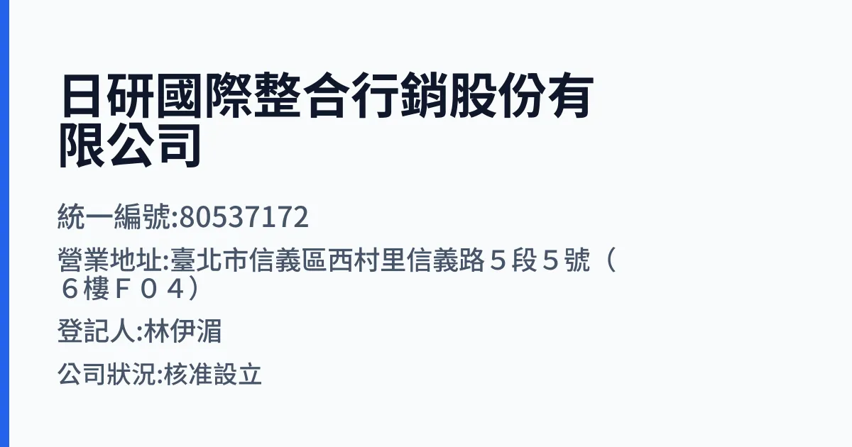 日研國際整合行銷股份有限公司 - 統編 80537172(臺北市) 公司登記資料與營業項目詳細圖表