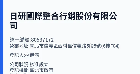日研國際整合行銷股份有限公司的照片-統編 80537172(臺北市) 公司登記資料與營業項目詳細圖表
