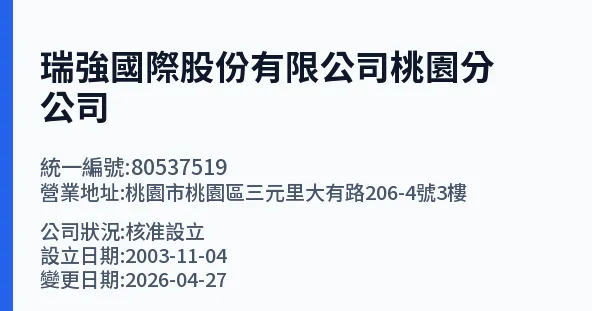 瑞強國際股份有限公司桃園分公司的照片-統編 80537519(桃園市) 公司登記資料與營業項目詳細圖表