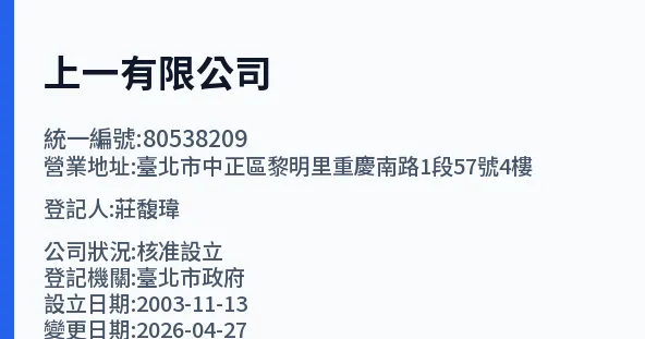 上一有限公司的照片-統編 80538209(臺北市) 公司登記資料與營業項目詳細圖表
