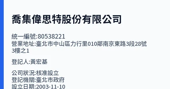 喬集偉思特股份有限公司的照片-統編 80538221(臺北市) 公司登記資料與營業項目詳細圖表