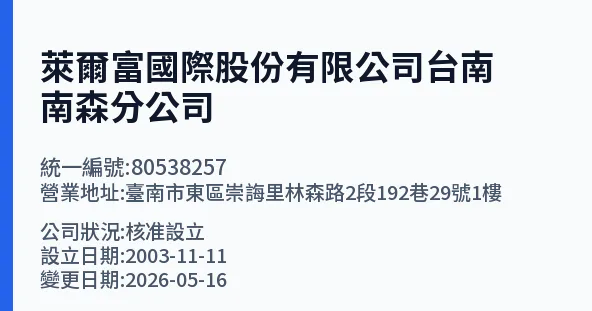 萊爾富國際股份有限公司台南南森分公司的照片-統編 80538257(臺南市) 公司登記資料與營業項目詳細圖表