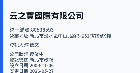 云之寶國際有限公司的照片-統編 80538593(新北市) 公司登記資料與營業項目詳細圖表