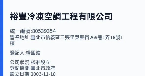 裕豐冷凍空調工程有限公司的照片-統編 80539354(臺北市) 公司登記資料與營業項目詳細圖表